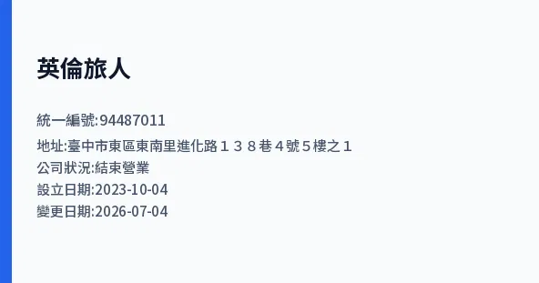 英倫旅人的照片-統編 94487011(臺中市) 公司登記資料與營業項目詳細圖表