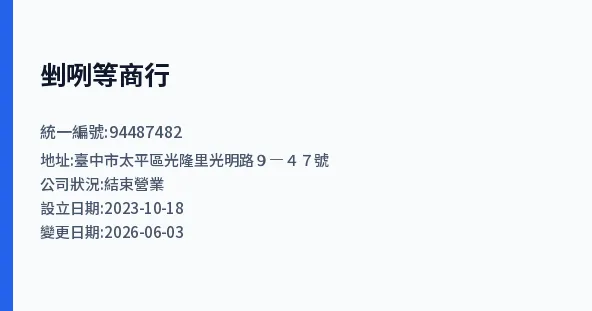 剉咧等商行的照片-統編 94487482(臺中市) 公司登記資料與營業項目詳細圖表