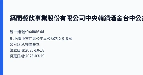 築間餐飲事業股份有限公司中央韓鍋酒舍台中公益營業所的照片-統編 94488644(臺中市) 公司登記資料與營業項目詳細圖表