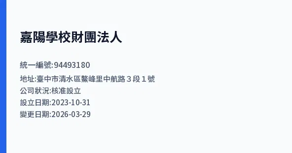 嘉陽學校財團法人的照片-統編 94493180(臺中市) 公司登記資料與營業項目詳細圖表