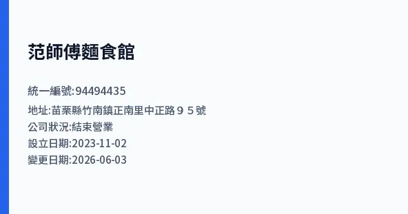 范師傅麵食館的照片-統編 94494435(苗栗縣) 公司登記資料與營業項目詳細圖表