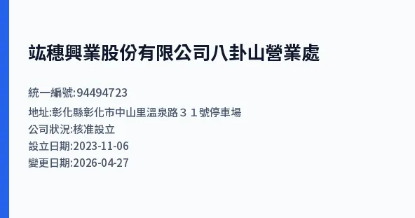 竑穗興業股份有限公司八卦山營業處的照片-統編 94494723(彰化縣) 公司登記資料與營業項目詳細圖表