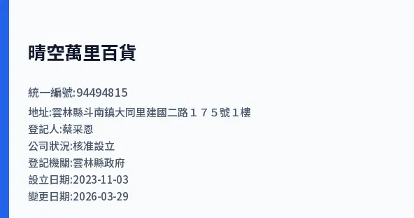 晴空萬里百貨的照片-統編 94494815(雲林縣) 公司登記資料與營業項目詳細圖表