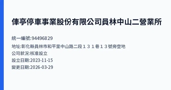 俥亭停車事業股份有限公司員林中山二營業所的照片-統編 94496829(彰化縣) 公司登記資料與營業項目詳細圖表