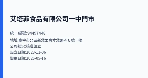 艾塔菲食品有限公司一中門市的照片-統編 94497448(臺中市) 公司登記資料與營業項目詳細圖表