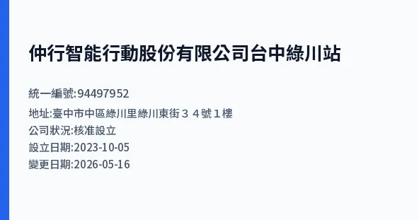 仲行智能行動股份有限公司台中綠川站的照片-統編 94497952(臺中市) 公司登記資料與營業項目詳細圖表