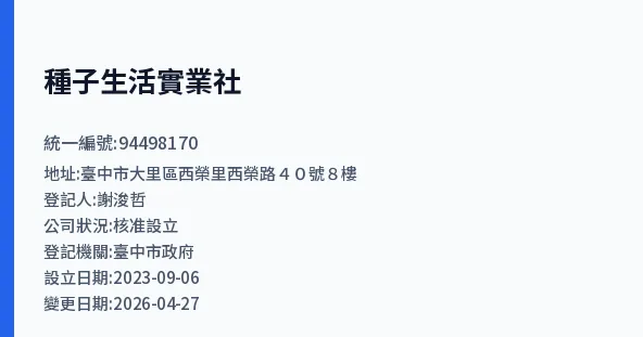種子生活實業社的照片-統編 94498170(臺中市) 公司登記資料與營業項目詳細圖表