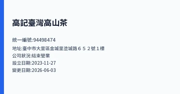 高記臺灣高山茶的照片-統編 94498474(臺中市) 公司登記資料與營業項目詳細圖表