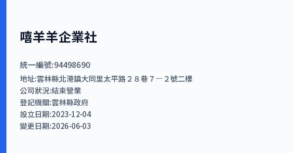 嘻羊羊企業社的照片-統編 94498690(雲林縣) 公司登記資料與營業項目詳細圖表