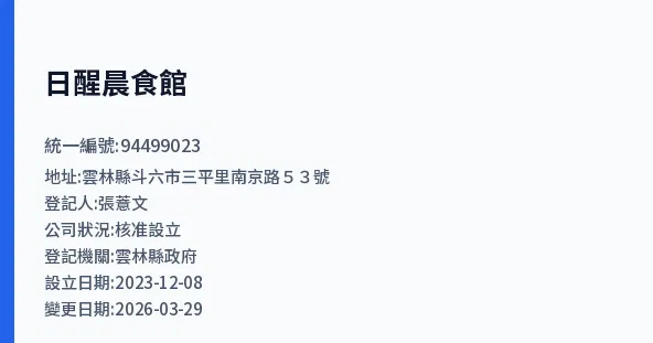 日醒晨食館的照片-統編 94499023(雲林縣) 公司登記資料與營業項目詳細圖表