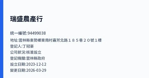 瑞盛農產行的照片-統編 94499038(雲林縣) 公司登記資料與營業項目詳細圖表