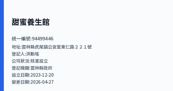 甜蜜養生館的照片-統編 94499446(雲林縣) 公司登記資料與營業項目詳細圖表