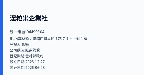 涅粒米企業社的照片-統編 94499804(雲林縣) 公司登記資料與營業項目詳細圖表