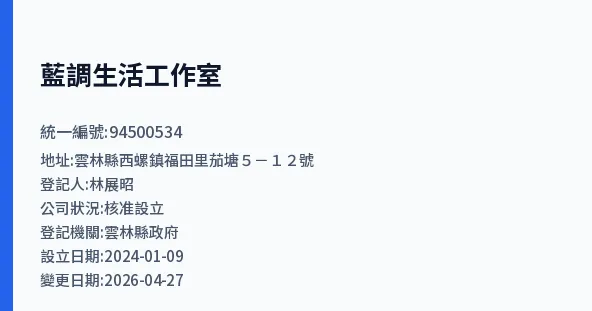 藍調生活工作室的照片-統編 94500534(雲林縣) 公司登記資料與營業項目詳細圖表