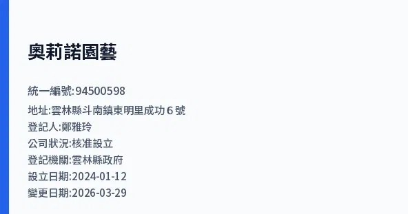 奧莉諾園藝的照片-統編 94500598(雲林縣) 公司登記資料與營業項目詳細圖表