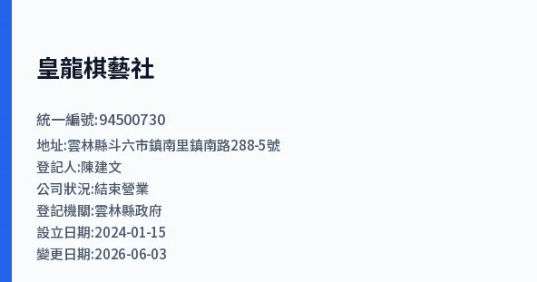 皇龍棋藝社的照片-統編 94500730(雲林縣) 公司登記資料與營業項目詳細圖表