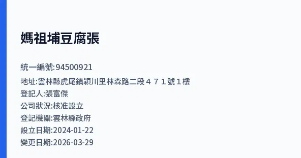 媽祖埔豆腐張的照片-統編 94500921(雲林縣) 公司登記資料與營業項目詳細圖表