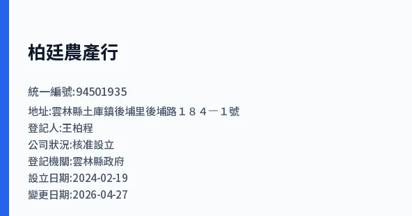 柏廷農產行的照片-統編 94501935(雲林縣) 公司登記資料與營業項目詳細圖表