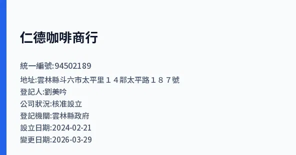 仁德咖啡商行的照片-統編 94502189(雲林縣) 公司登記資料與營業項目詳細圖表