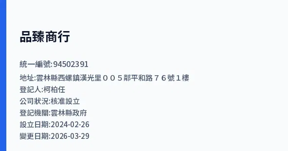 品臻商行的照片-統編 94502391(雲林縣) 公司登記資料與營業項目詳細圖表