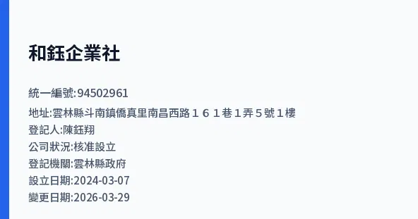 和鈺企業社的照片-統編 94502961(雲林縣) 公司登記資料與營業項目詳細圖表