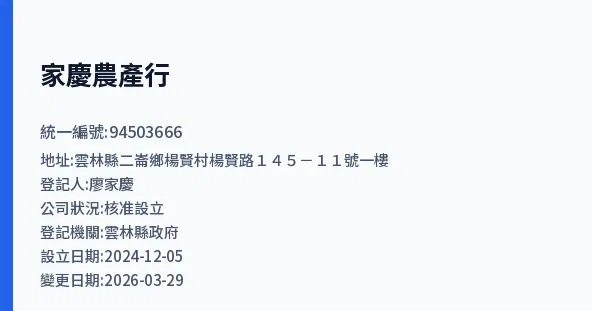 家慶農產行的照片-統編 94503666(雲林縣) 公司登記資料與營業項目詳細圖表