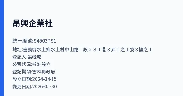 昂興企業社的照片-統編 94503791(雲林縣) 公司登記資料與營業項目詳細圖表
