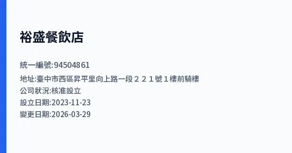 裕盛餐飲店的照片-統編 94504861(臺中市) 公司登記資料與營業項目詳細圖表