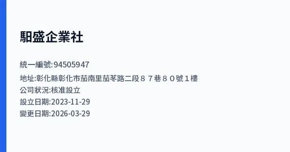 馹盛企業社的照片-統編 94505947(彰化縣) 公司登記資料與營業項目詳細圖表