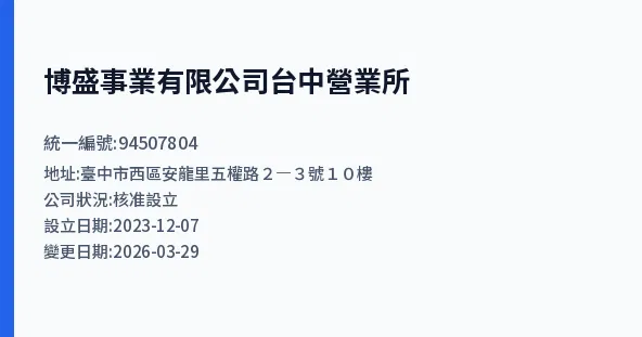 博盛事業有限公司台中營業所的照片-統編 94507804(臺中市) 公司登記資料與營業項目詳細圖表