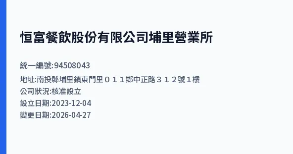 恒富餐飲股份有限公司埔里營業所的照片-統編 94508043(南投縣) 公司登記資料與營業項目詳細圖表