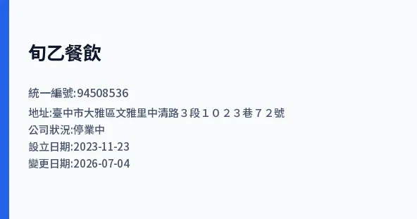 旬乙餐飲的照片-統編 94508536(臺中市) 公司登記資料與營業項目詳細圖表