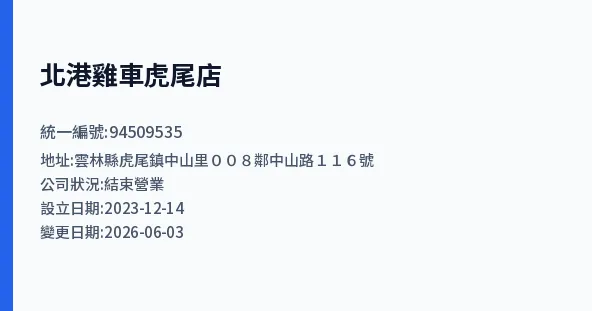 北港雞車虎尾店的照片-統編 94509535(雲林縣) 公司登記資料與營業項目詳細圖表