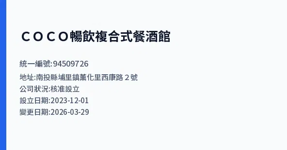 COCO暢飲複合式餐酒館的照片-統編 94509726(南投縣) 公司登記資料與營業項目詳細圖表
