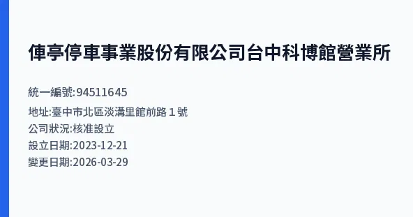 俥亭停車事業股份有限公司台中科博館營業所的照片-統編 94511645(臺中市) 公司登記資料與營業項目詳細圖表