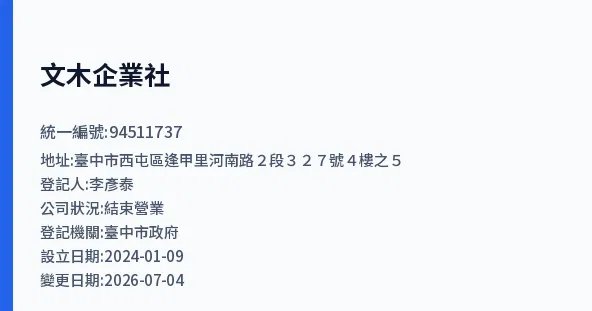 文木企業社的照片-統編 94511737(臺中市) 公司登記資料與營業項目詳細圖表