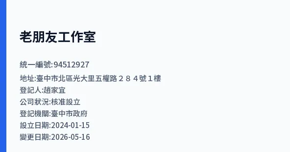 老朋友工作室的照片-統編 94512927(臺中市) 公司登記資料與營業項目詳細圖表