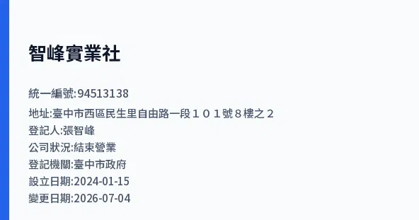 智峰實業社的照片-統編 94513138(臺中市) 公司登記資料與營業項目詳細圖表