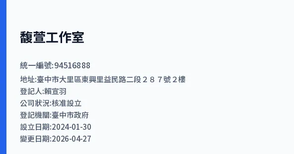 馥萱工作室的照片-統編 94516888(臺中市) 公司登記資料與營業項目詳細圖表
