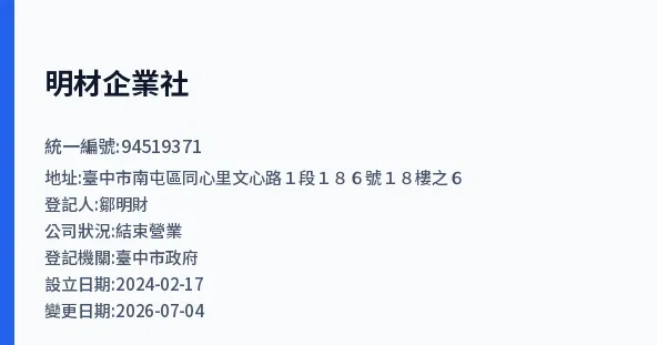 明材企業社的照片-統編 94519371(臺中市) 公司登記資料與營業項目詳細圖表