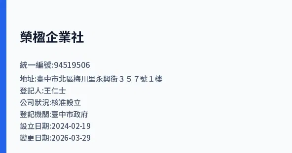 榮楹企業社的照片-統編 94519506(臺中市) 公司登記資料與營業項目詳細圖表