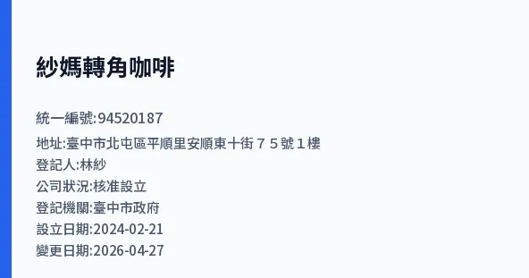 紗媽轉角咖啡的照片-統編 94520187(臺中市) 公司登記資料與營業項目詳細圖表