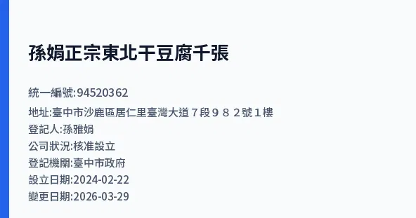 孫娟正宗東北干豆腐千張的照片-統編 94520362(臺中市) 公司登記資料與營業項目詳細圖表