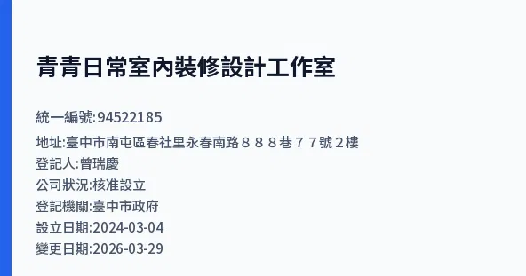 青青日常室內裝修設計工作室的照片-統編 94522185(臺中市) 公司登記資料與營業項目詳細圖表