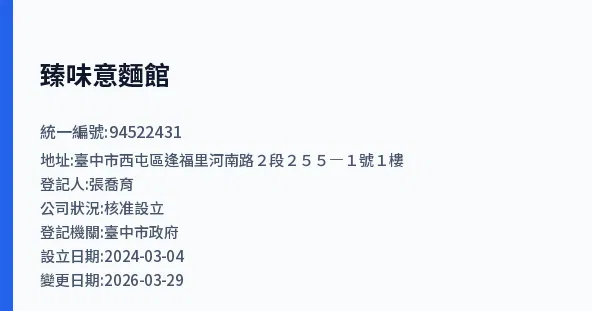 臻味意麵館的照片-統編 94522431(臺中市) 公司登記資料與營業項目詳細圖表