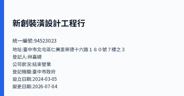 新創裝潢設計工程行的照片-統編 94523023(臺中市) 公司登記資料與營業項目詳細圖表