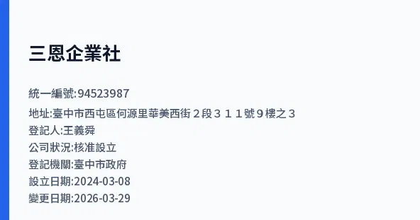三恩企業社的照片-統編 94523987(臺中市) 公司登記資料與營業項目詳細圖表
