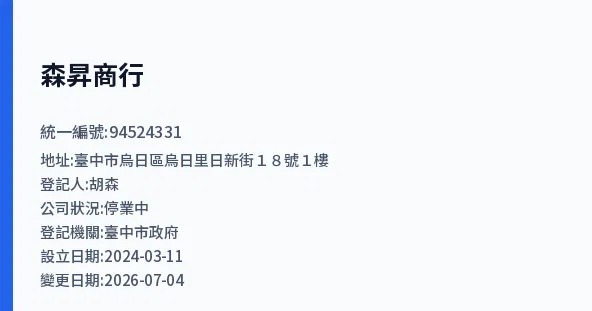 森昇商行的照片-統編 94524331(臺中市) 公司登記資料與營業項目詳細圖表