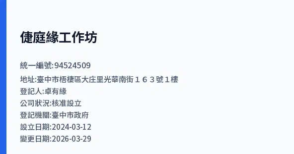 倢庭緣工作坊的照片-統編 94524509(臺中市) 公司登記資料與營業項目詳細圖表