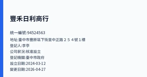 豐禾日利商行的照片-統編 94524563(臺中市) 公司登記資料與營業項目詳細圖表
